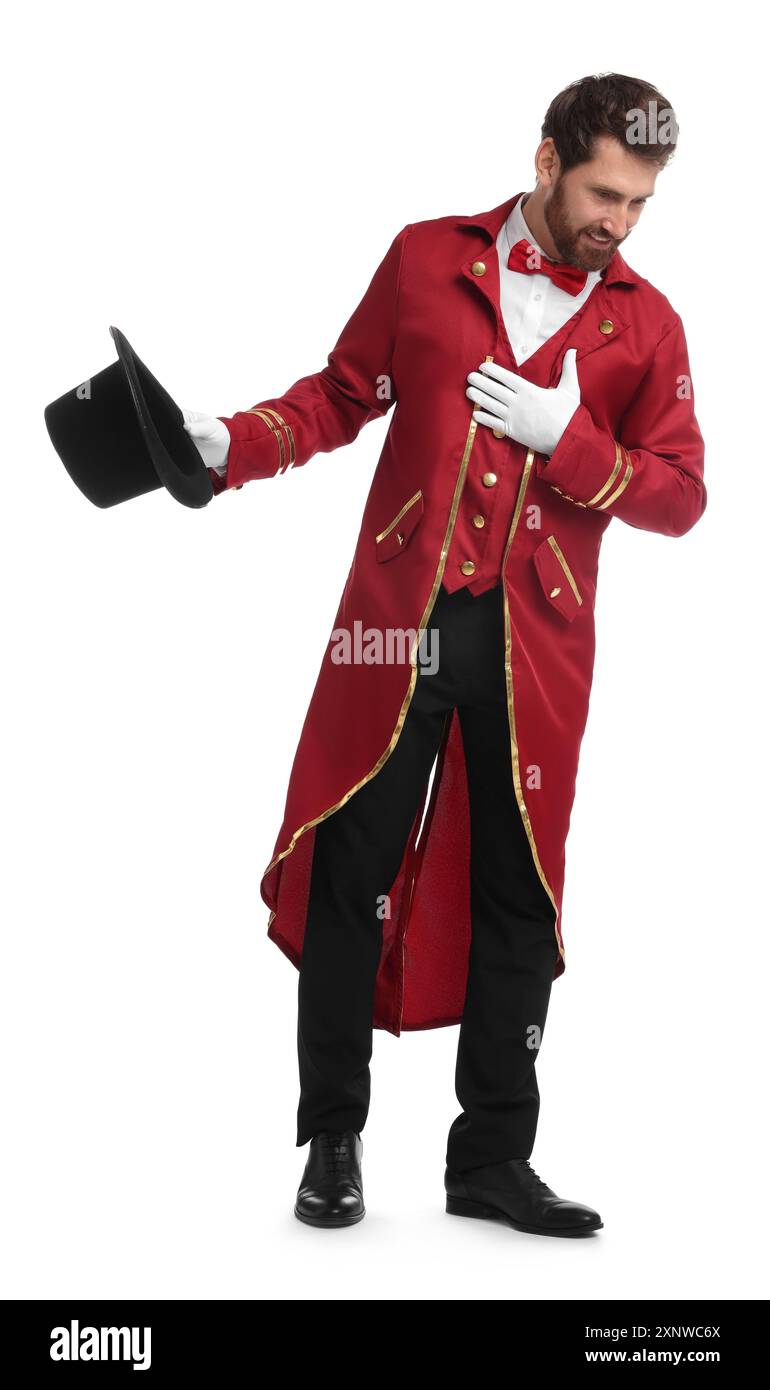 Portrait of showman in red costume and hat on white background Stock ...
