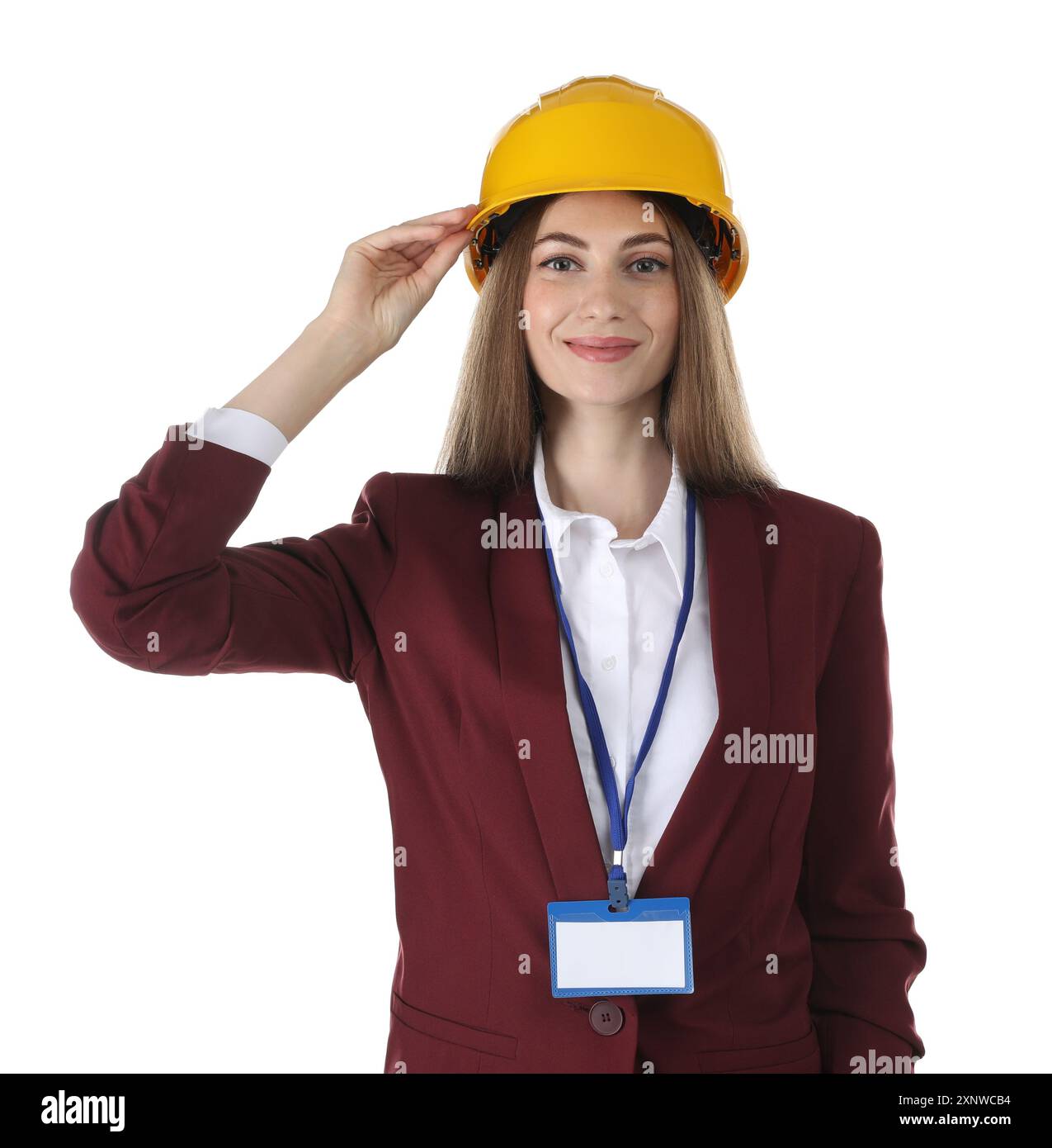 Engineer in hard hat on white background Stock Photo - Alamy