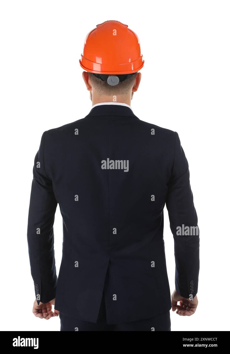 Engineer in hard hat on white background, back view Stock Photo - Alamy