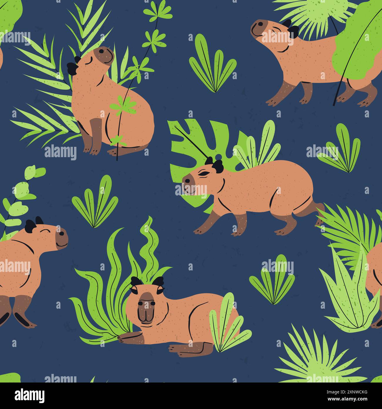 Seamless pattern with funny cartoon capybaras and jungle plants Stock Vector Image & Art - Alamy