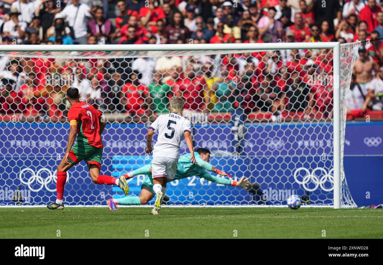 August 02 2024: Achraf Hakimi (Morocco) celebrates the teams third goal ...