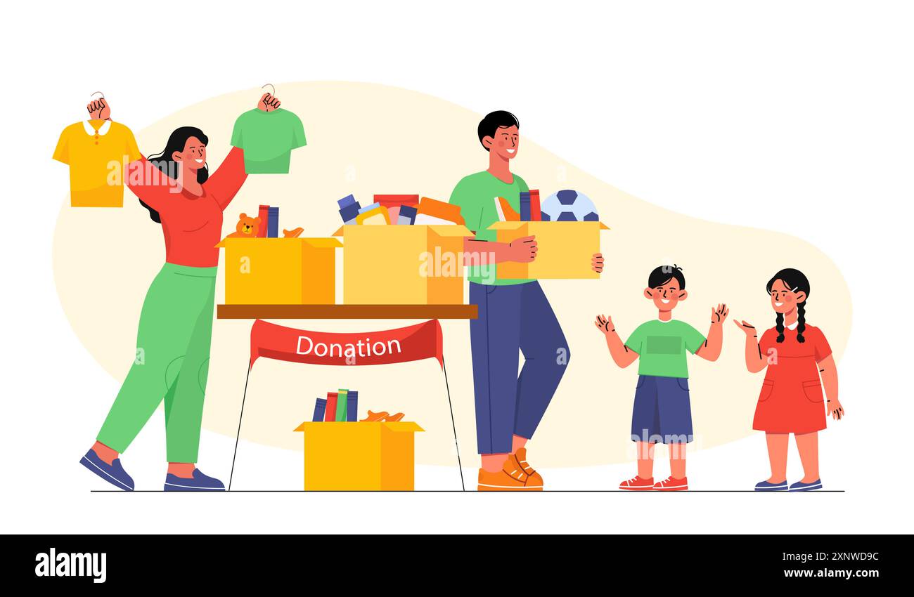 Donation for children. Man and woman with cardboard boxes, for boys and ...