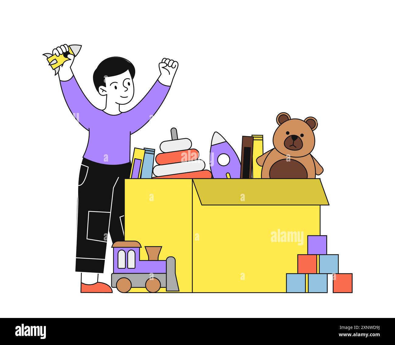 Child with toys. Boy stands with rocket near cardboard box with teddy ...