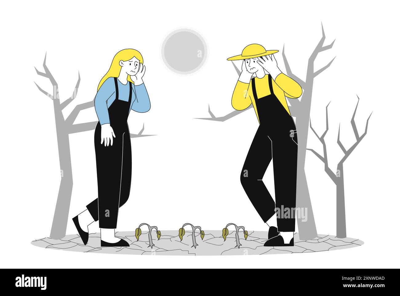 Farmers with drought. Man and woman in uniform look at dried crops ...