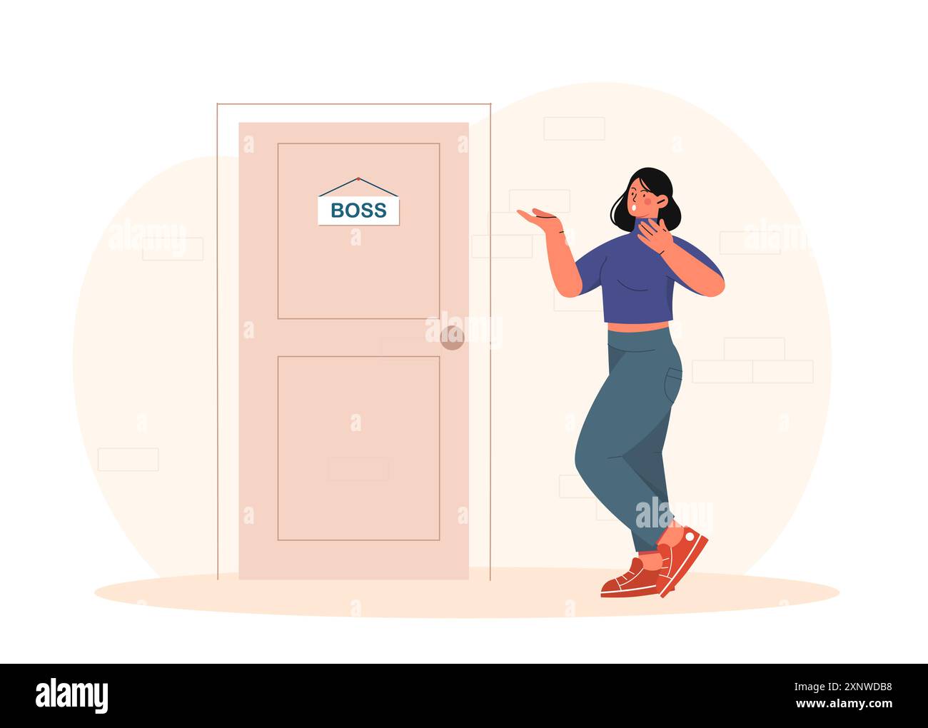 Woman with fear of boss. Frightened young girl stands near door to boss ...