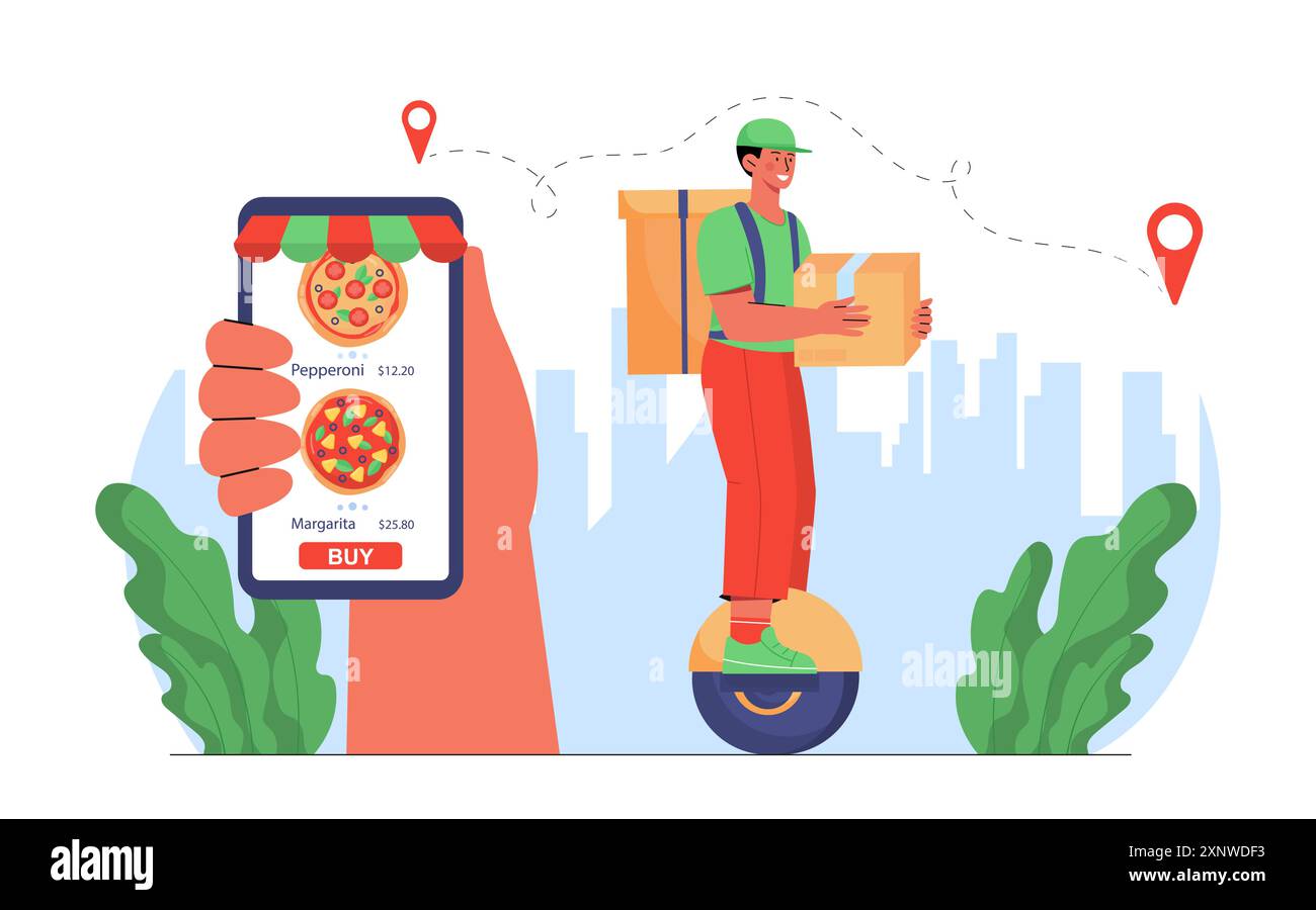 Fast food delivery. Hand with smartphone near courier. Online shopping ...
