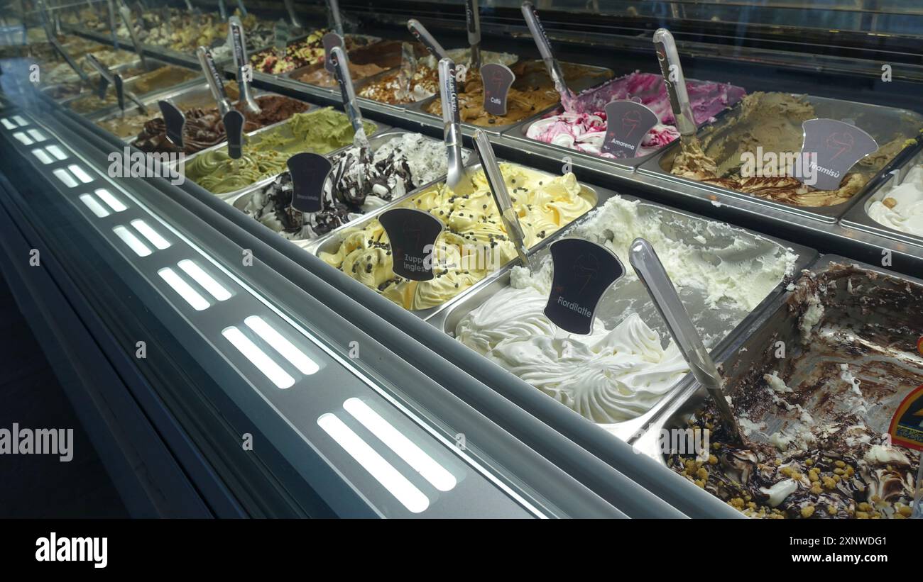 Rocca Monfina, Italy, June 22, 2024. A glimpse of the counter of an ice ...