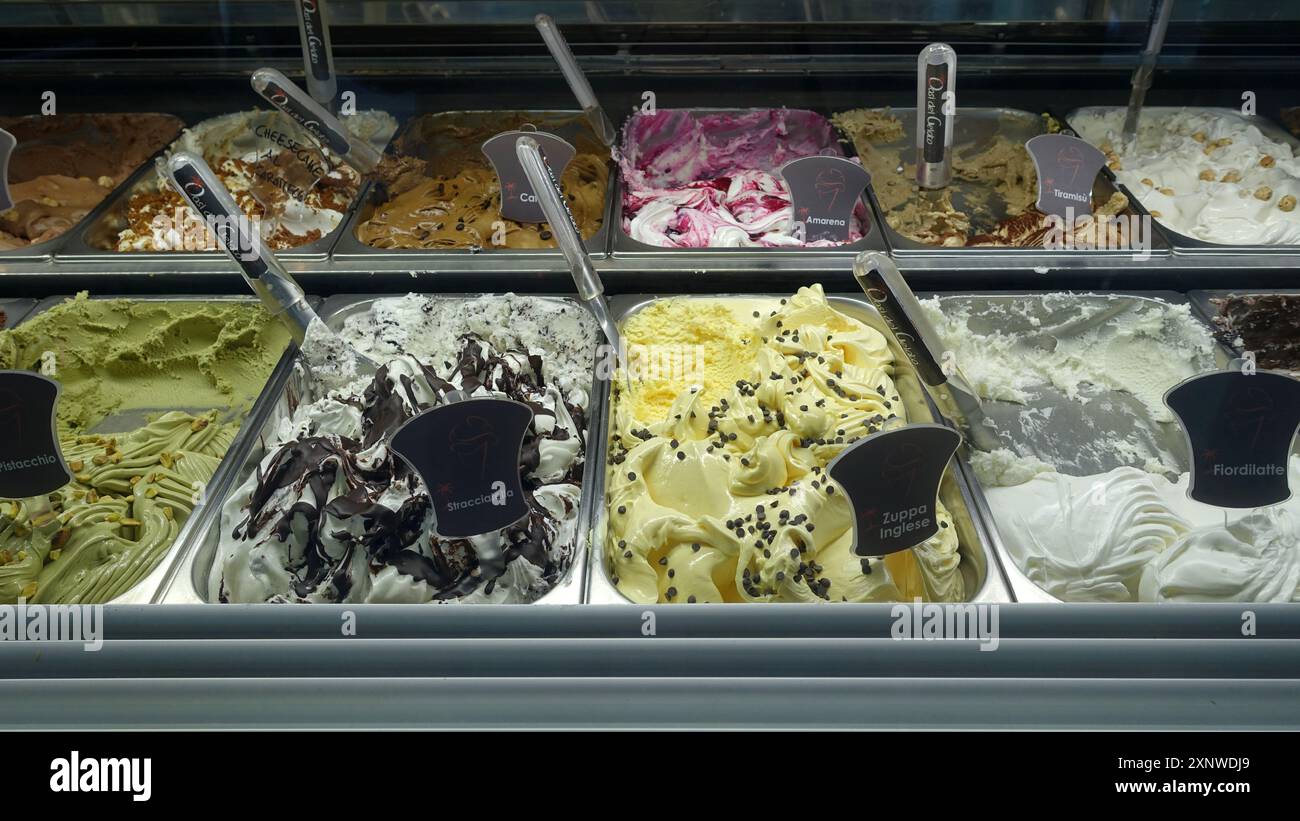 Rocca Monfina, Italy, June 22, 2024. A glimpse of the counter of an ice ...