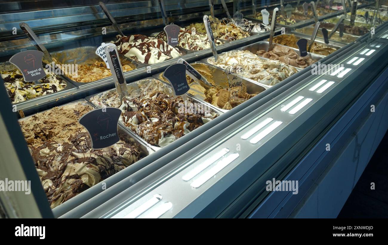 Rocca Monfina, Italy, June 22, 2024. A glimpse of the counter of an ice ...