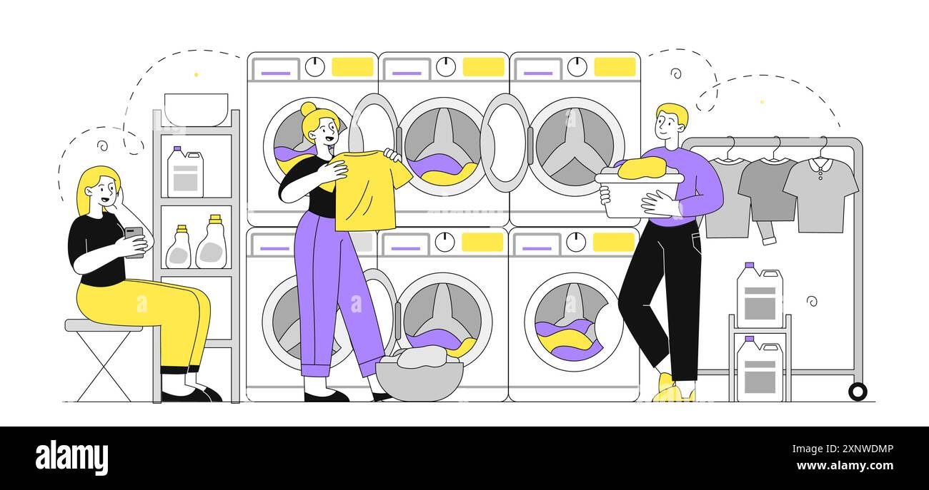 Sellf service laundry. Men and women with dirty clothes near washing ...