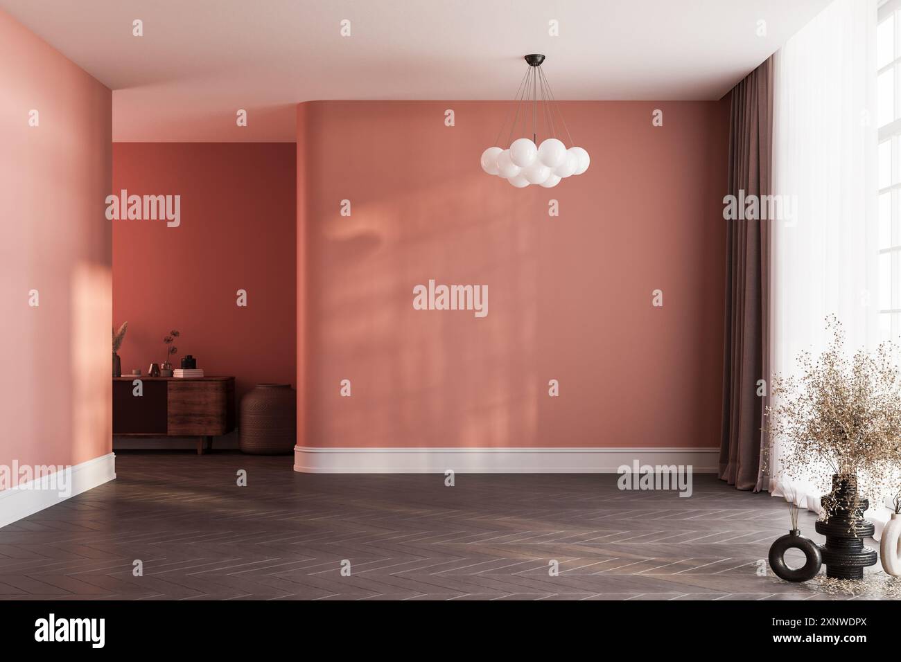 Empty room with red tones wall, baseboard on wooden parquet in for ...