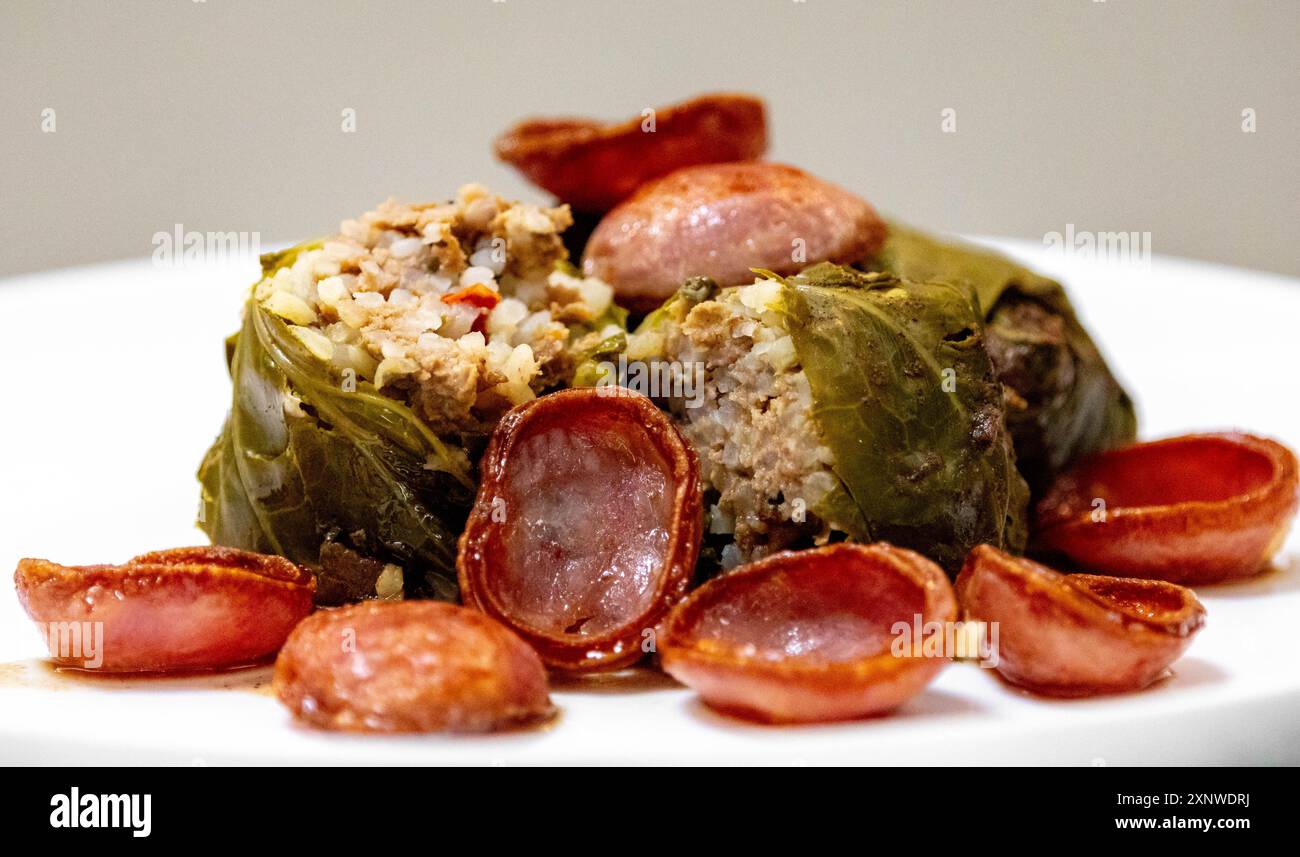 Typical Ukrainian food known as holupti, cabbage stuffed with rice and ...