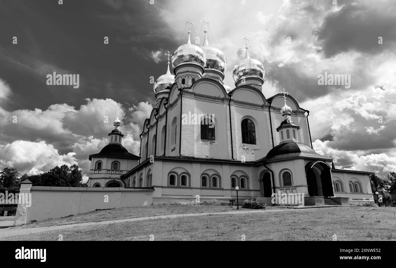 Assumption Cathedral of the Iversky Monastery, black and white photo ...
