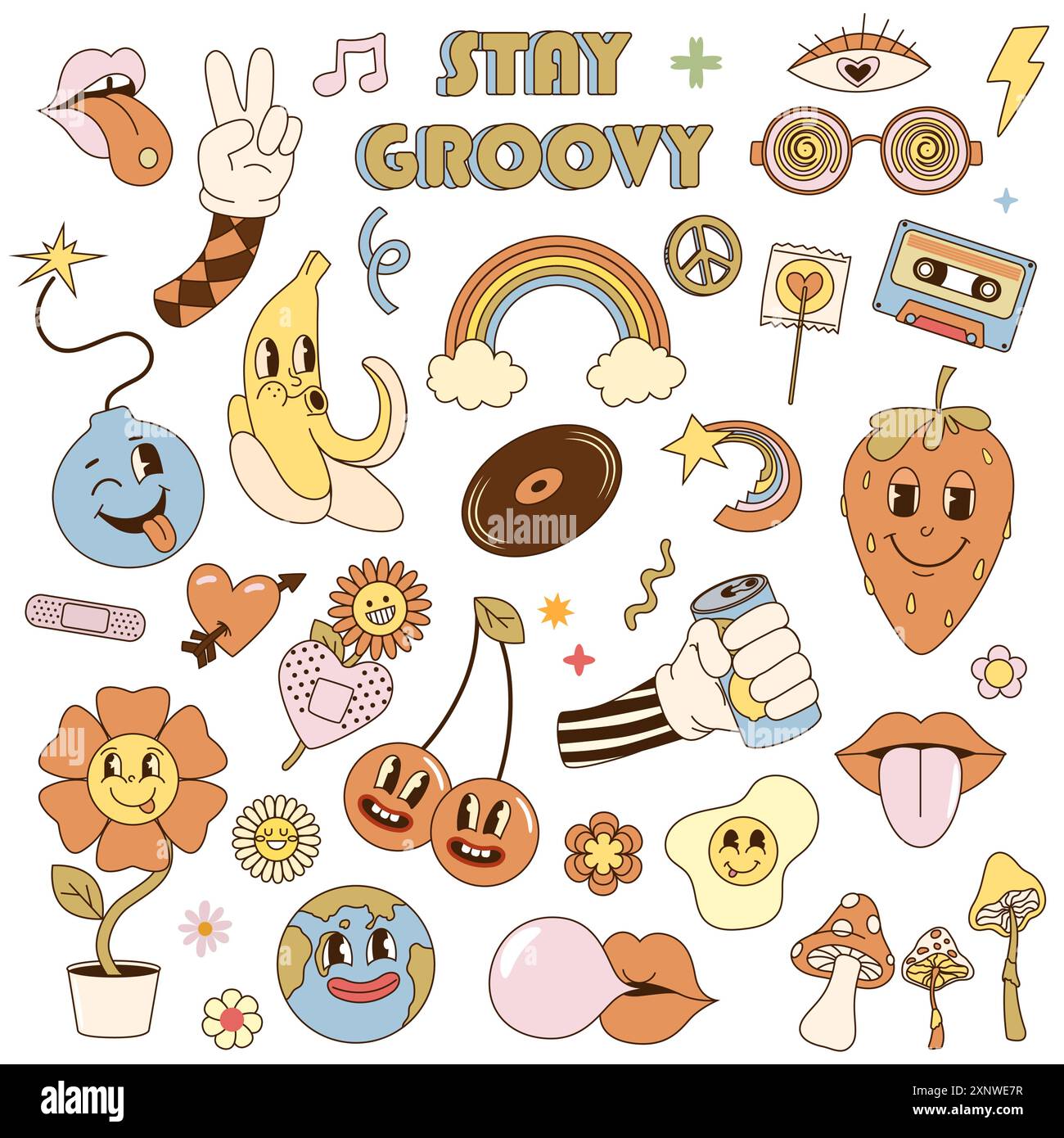 Groovy elements. Vintage 60s groovy stickers, funky 70s hippie icons ...