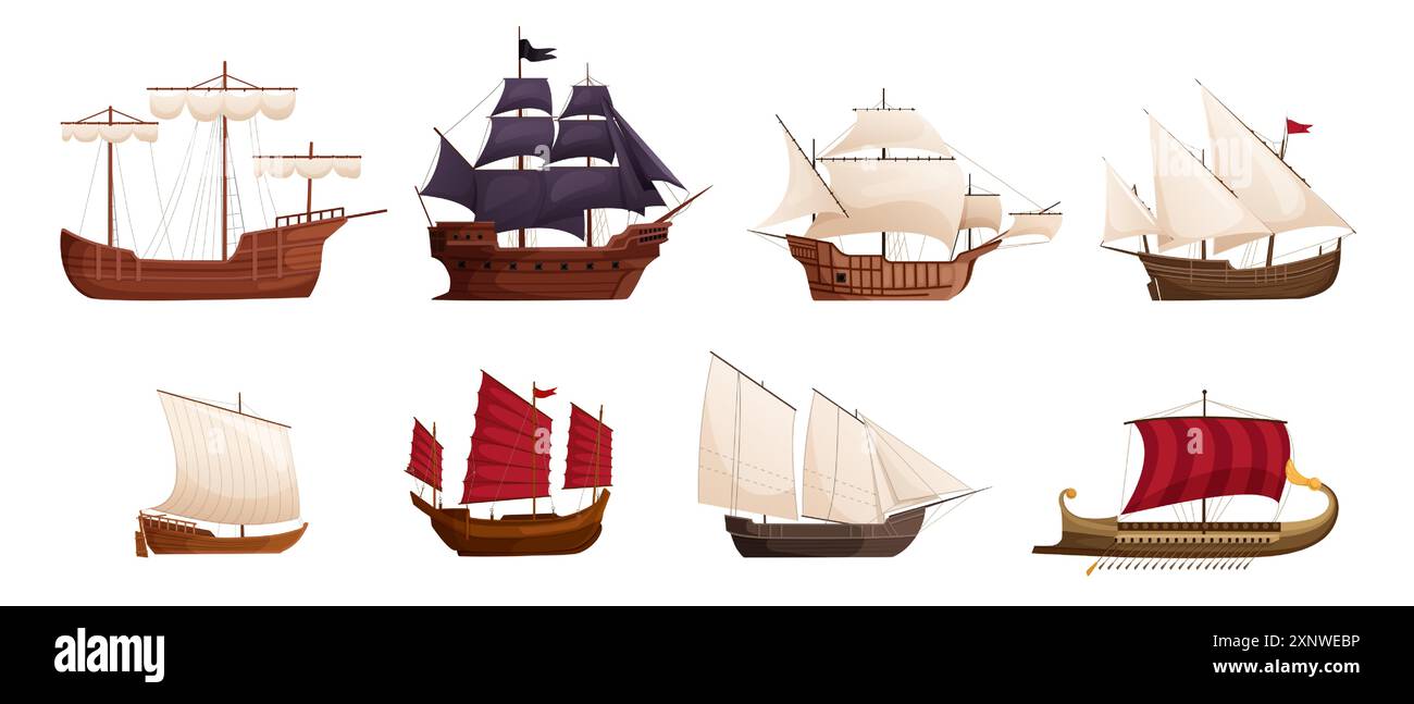 Old cartoon sailboats. Wooden ships, sailing ship, wind sail boat ...