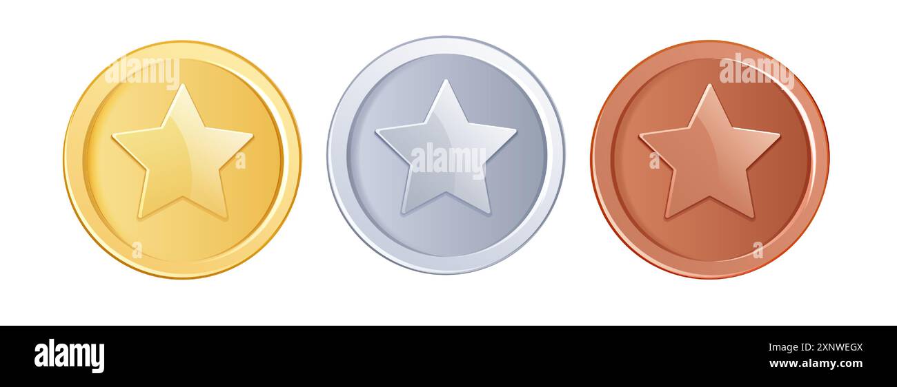 Game coins. Golden, silver and bronze metal coin or game chip with star ...