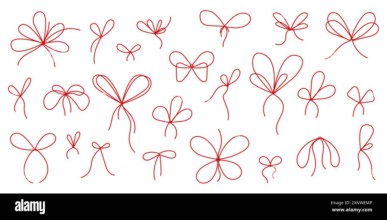 Red line bow gift ribbon. String bows for parcel wrap silhouette icons ...