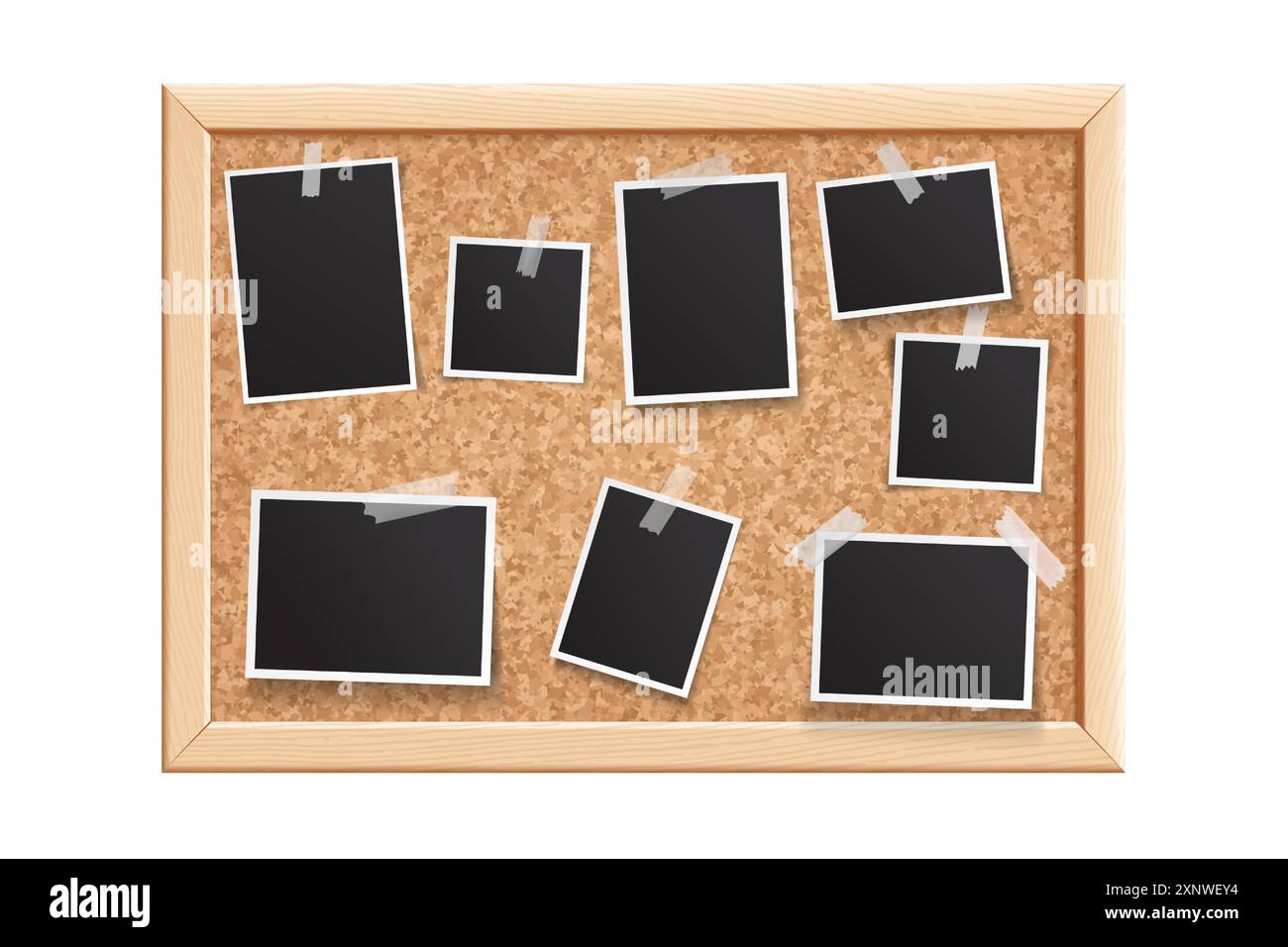 Photo frames on cork board. Blank glued photos collage. Mood board ...