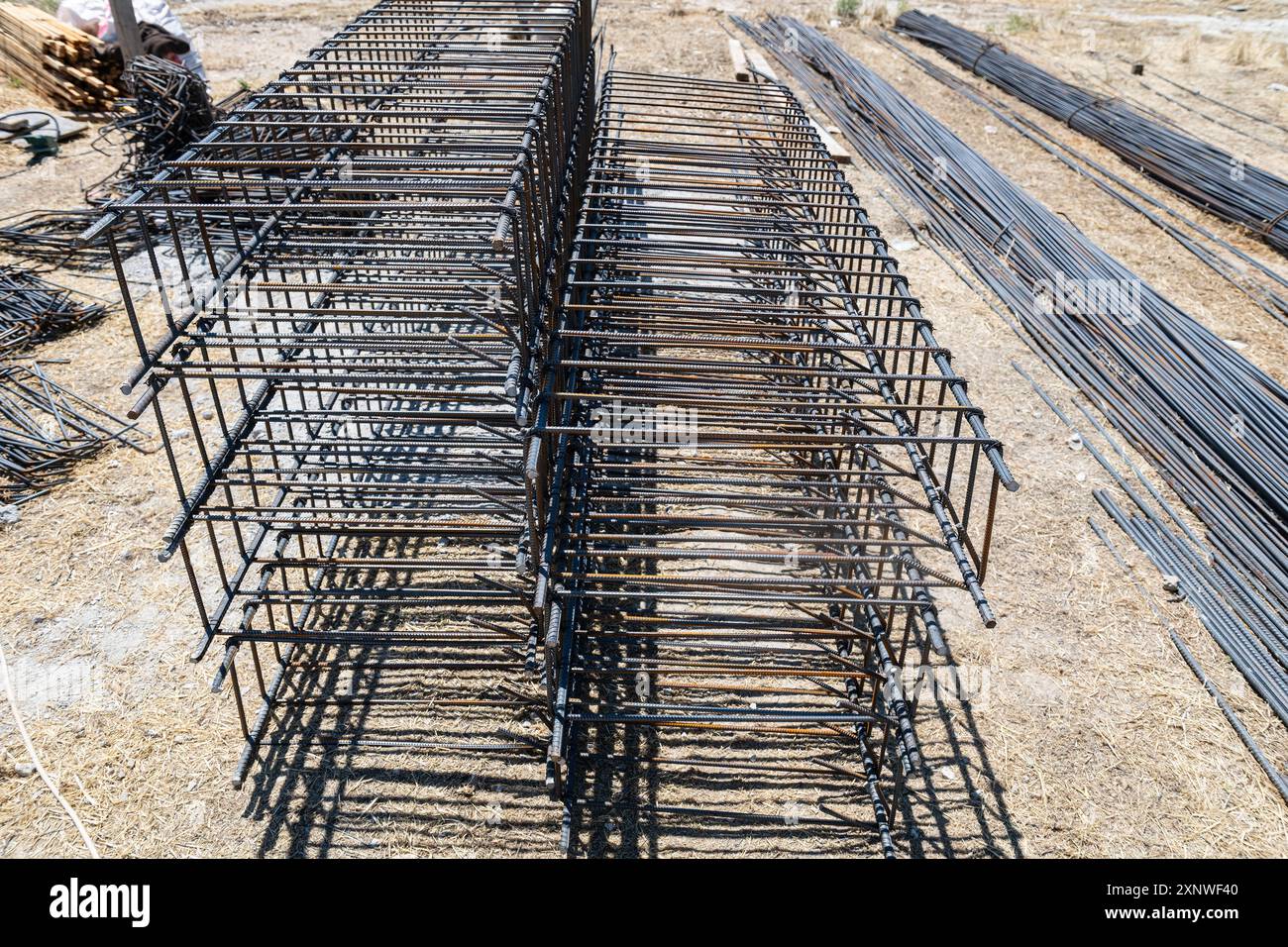 Rebars bound together with steel wires for use in building construction ...
