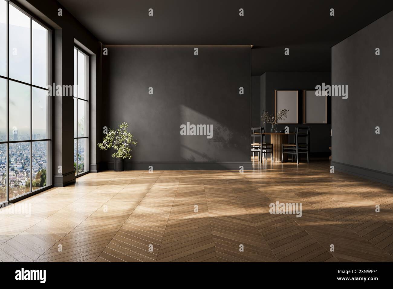 Modern black interior empty room , table with chairs. Mock up. Suitable ...