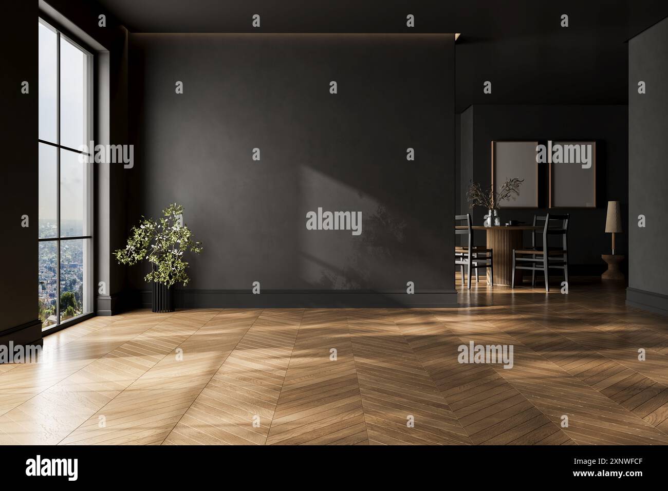 Modern black interior empty room , table with chairs. Mock up. Suitable ...