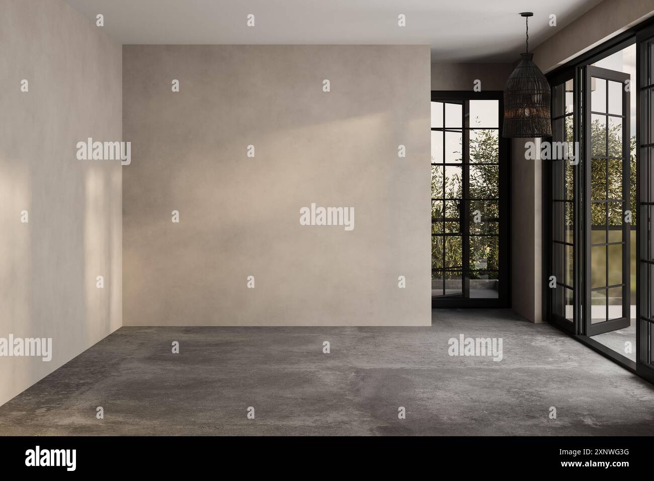 Modern contemporary empty room yard view 3d render overlooking the ...