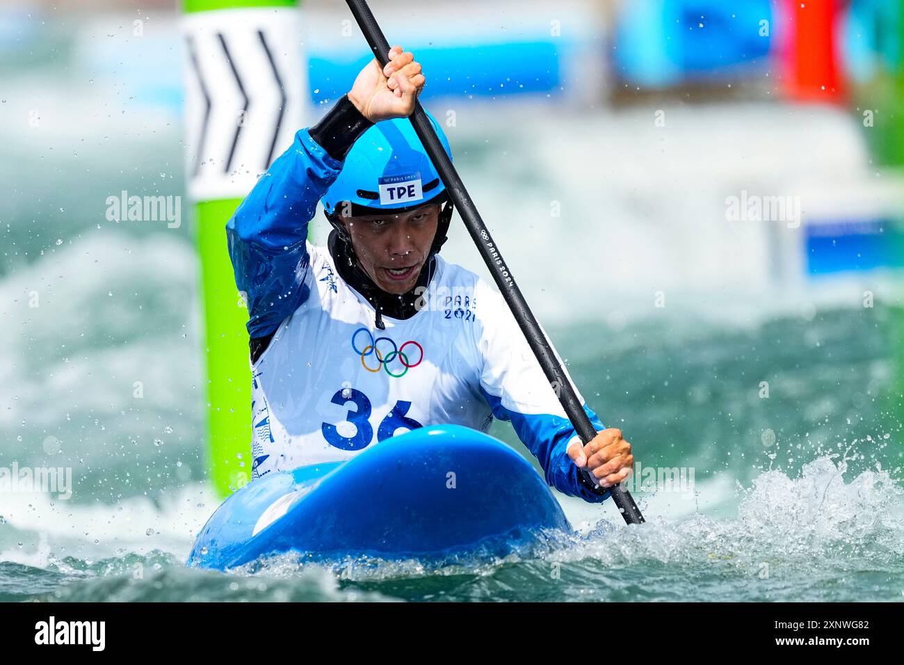 Wu Shao-Hsuan of Chinese Taipei competes during Men's Kayak Cross Time ...