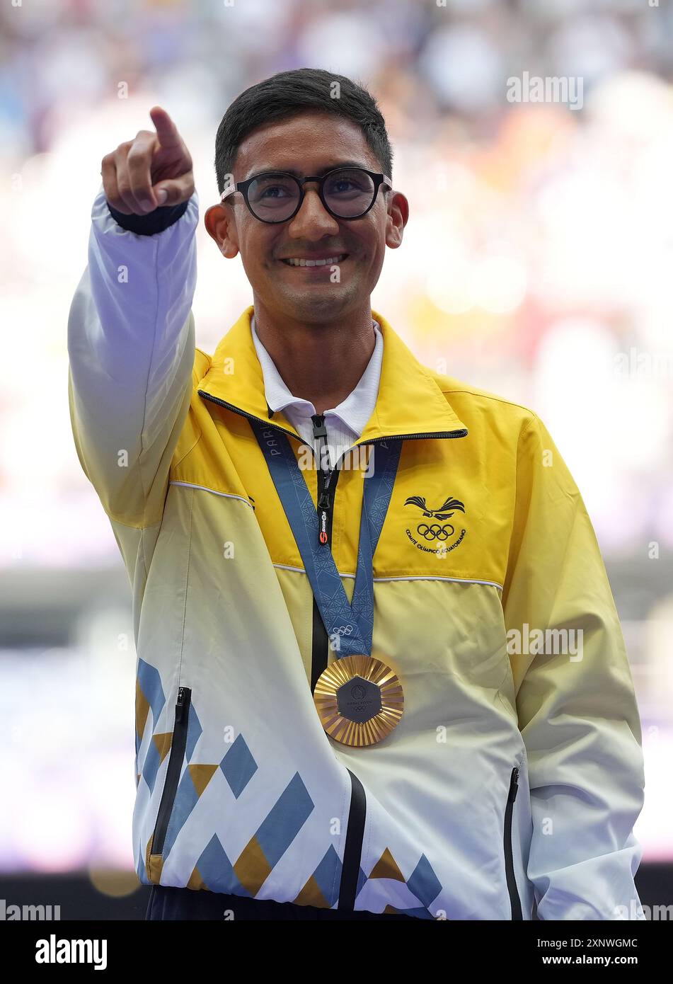 Paris, France. 2nd Aug, 2024. Gold medalist Brian Daniel Pintado of Ecuador attends the victory ...