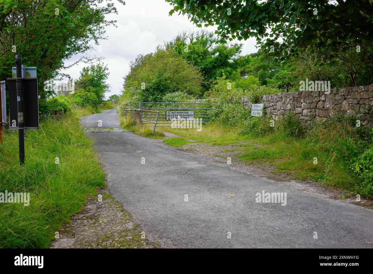 A serene, narrow countryside road leading to a closed gate with signs ...
