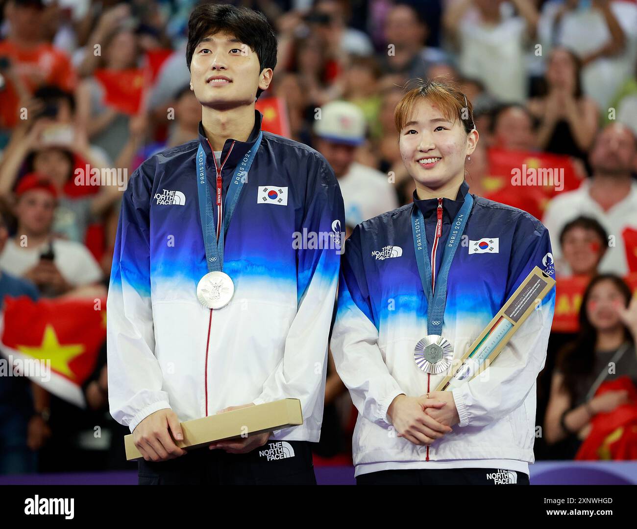 Paris, France. 2nd Aug, 2024. Silver medalists Kim Won Ho (L)/Jeong Na Eun of South Korea attend ...