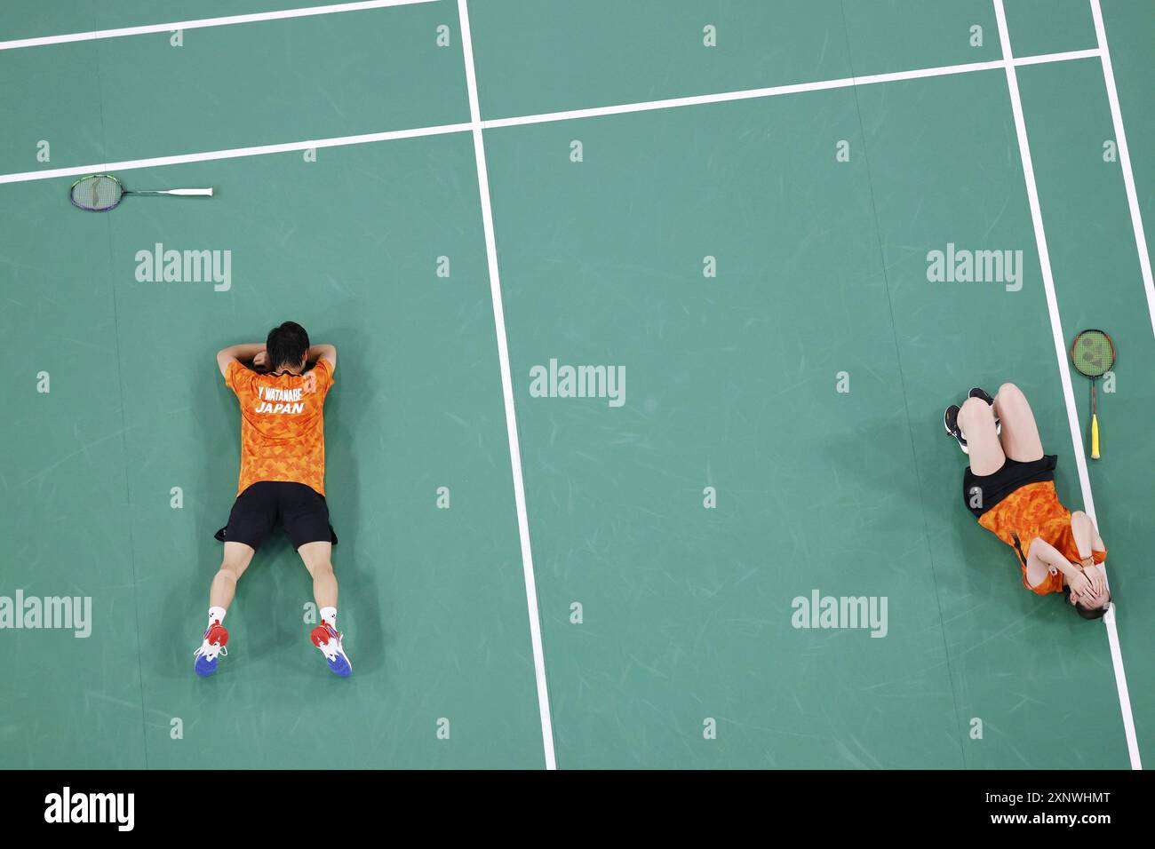 Japan's Yuta Watanabe (L) and Arisa Higashino react after beating South ...