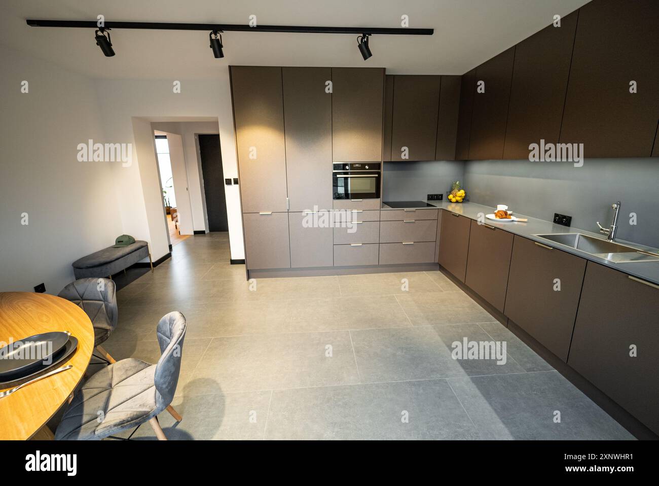 Modern furnished kitchen with household appliances and a dining room ...