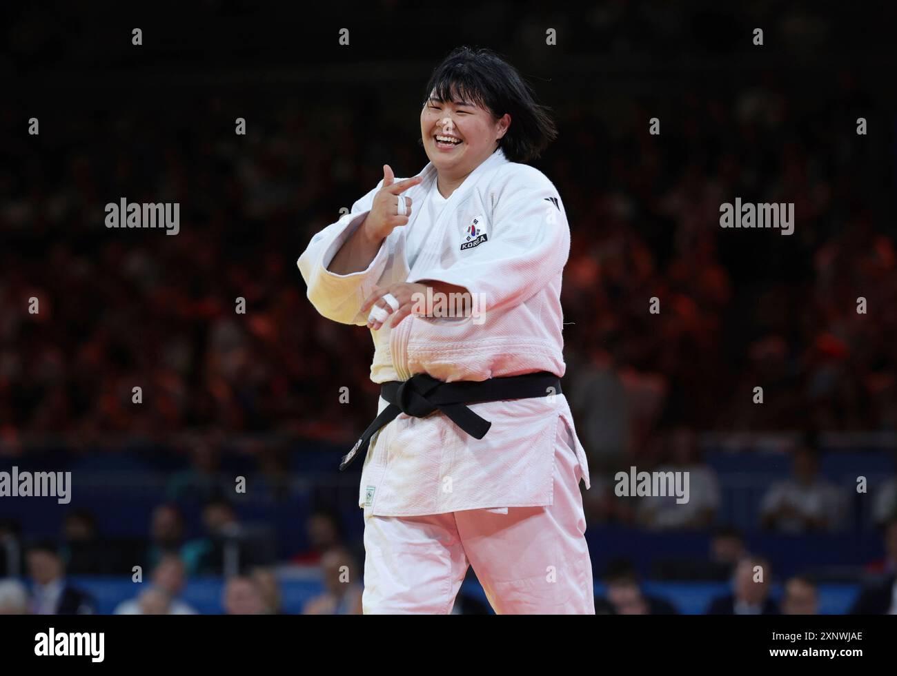 KIM Hayun of Korea reacts after winning the women's Judo +78 kg bronze ...