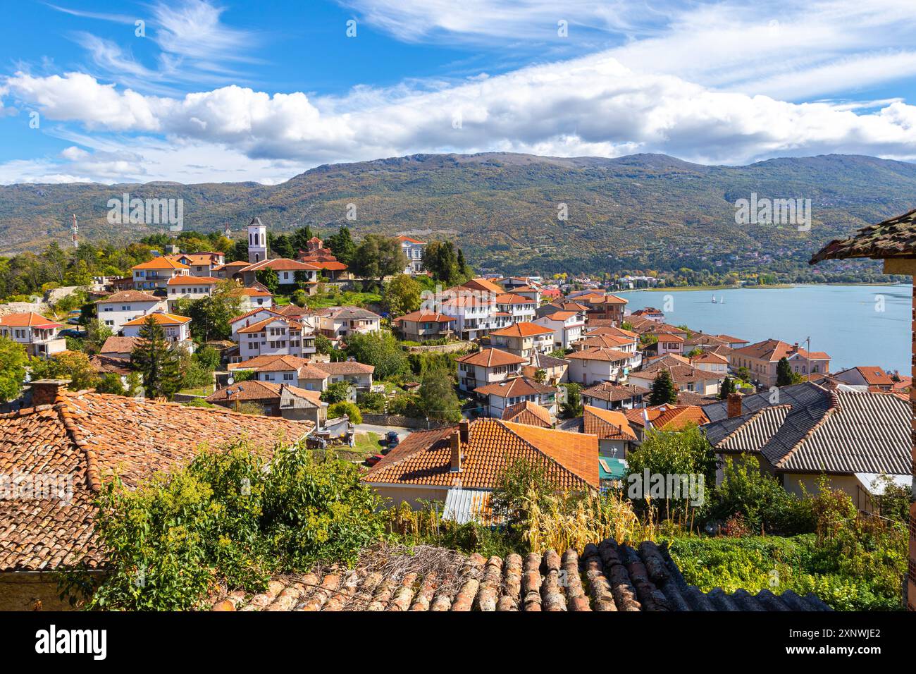 Aerial panoramic view of Ohrid town and lake at sunny day. Old city ...