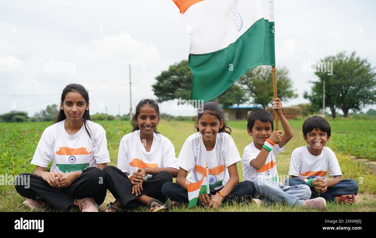 Group of student or kids wearing indian tricolor Tshirt, face painted ...