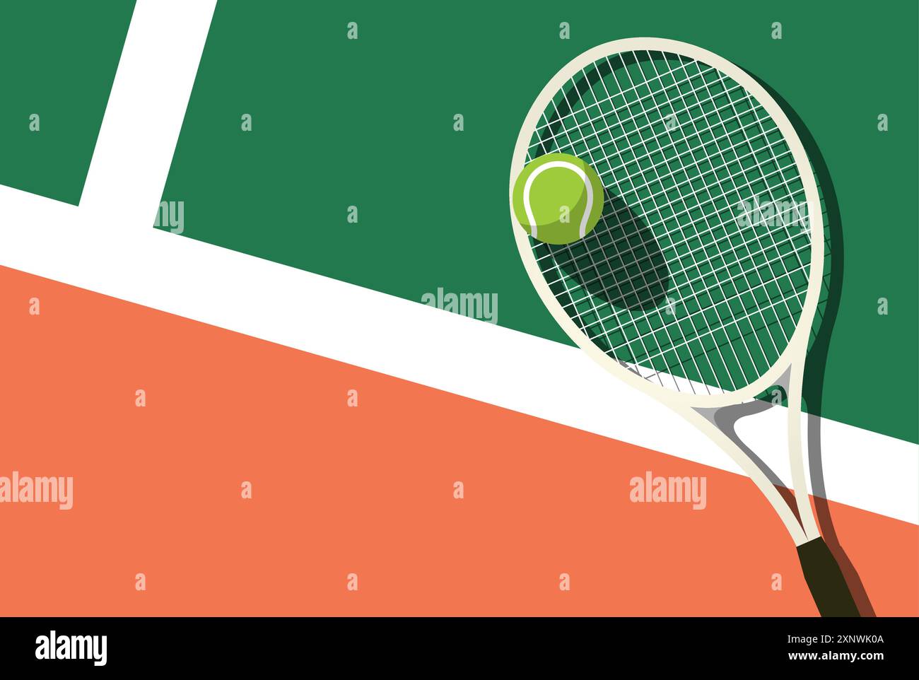 Lawn tennis racket and ball lies on tennis court, view from above ...