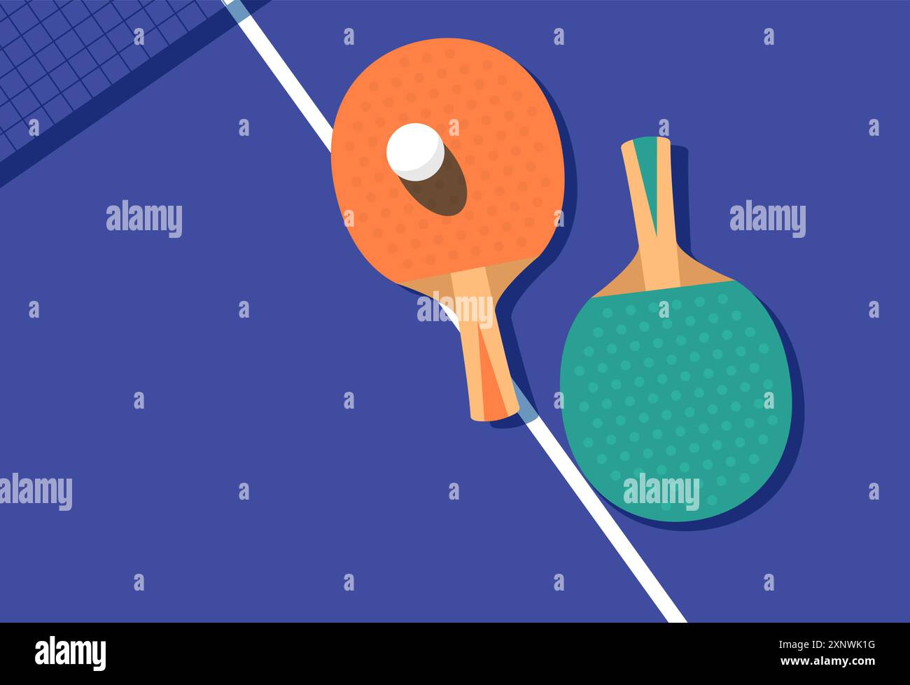 Two ping-pong rackets and ball on table, table tennis net shadow ...