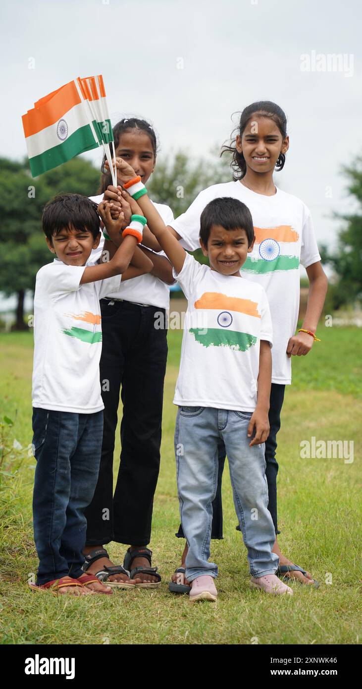 Group of student or kids wearing indian tricolor Tshirt, face painted ...