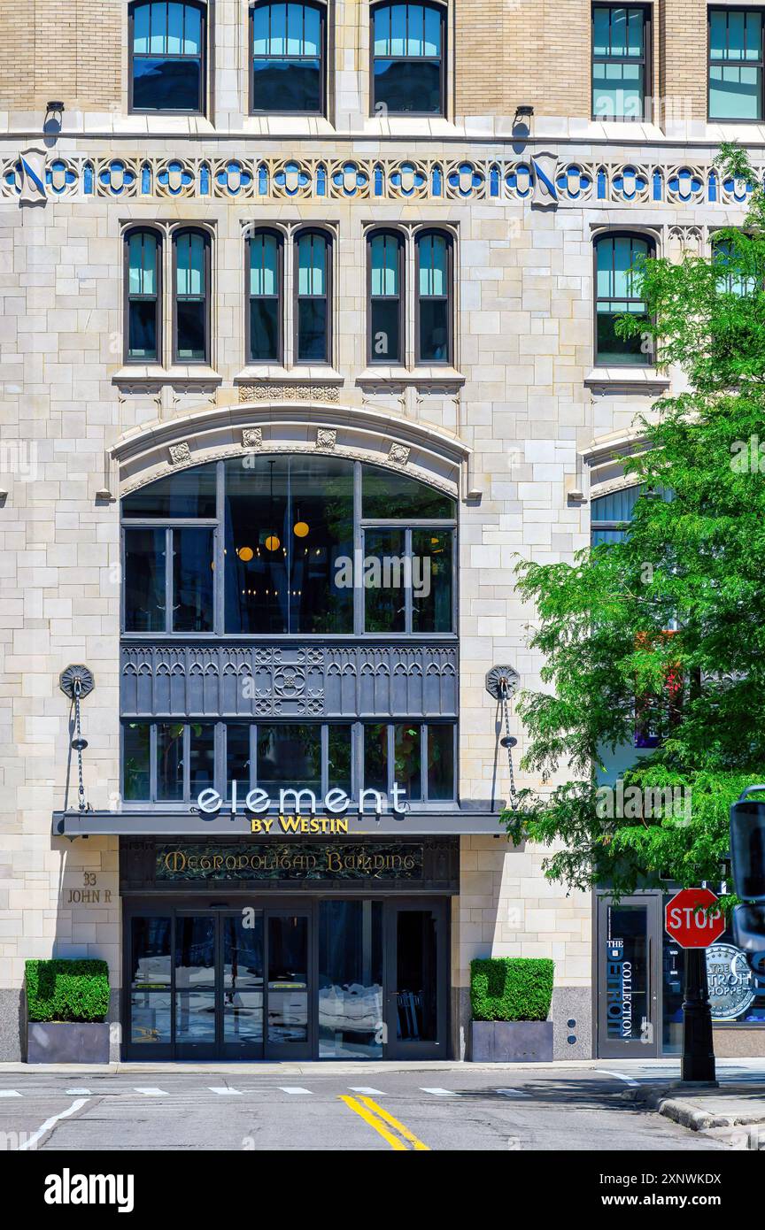 Detroit, USA - July 25, 2024: Facade and entrance to the Element Hotel ...