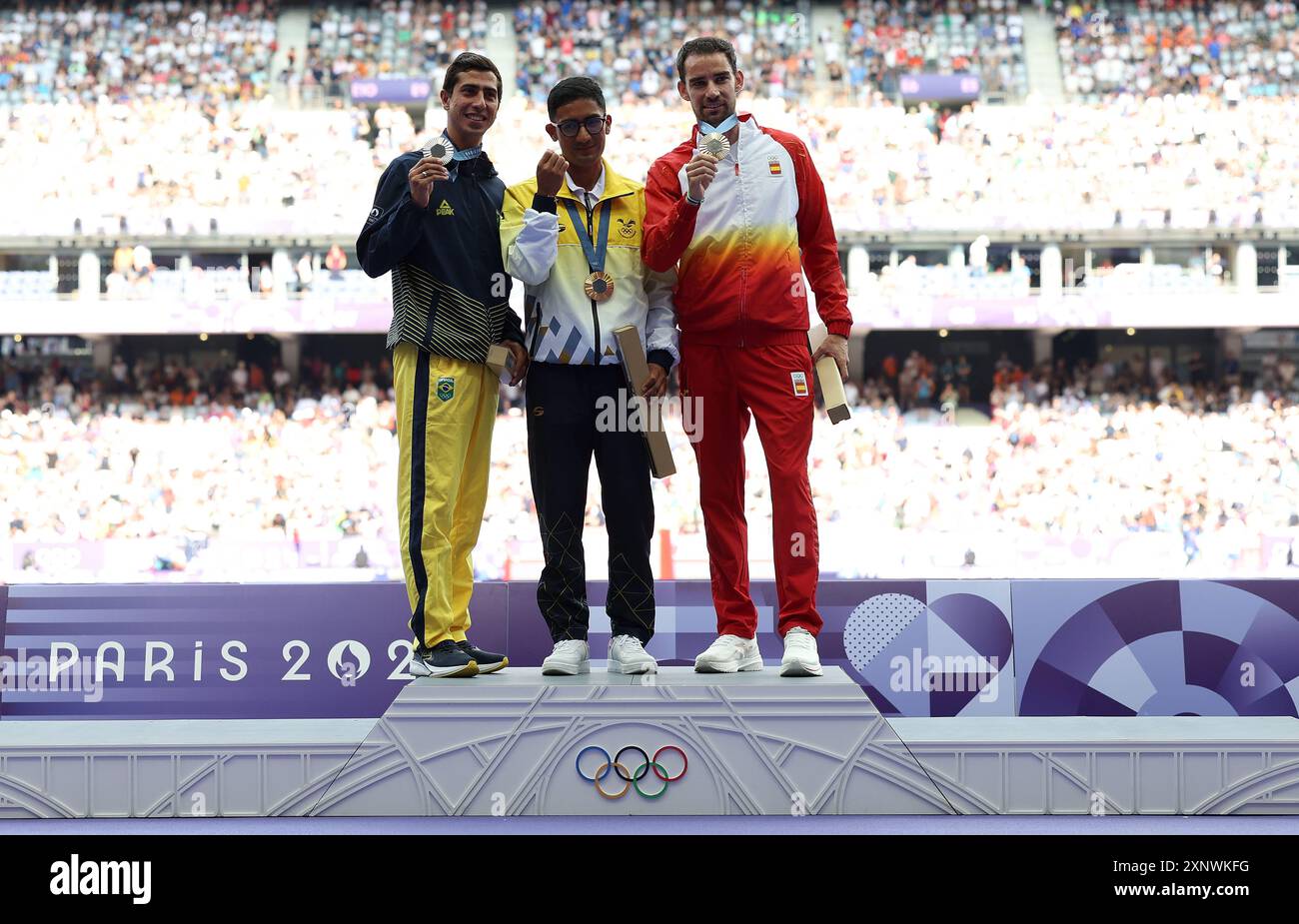 Paris, France. 2nd Aug, 2024. Gold medalist Brian Daniel Pintado (C) of ...