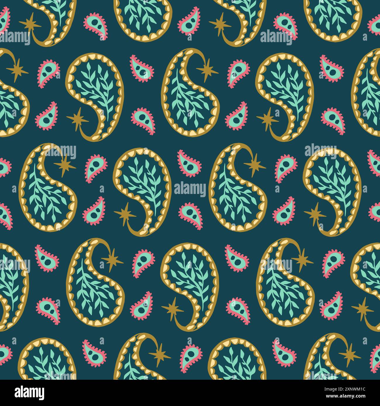 Seamless pattern with paisley motifs. Teal boho background Stock Vector ...