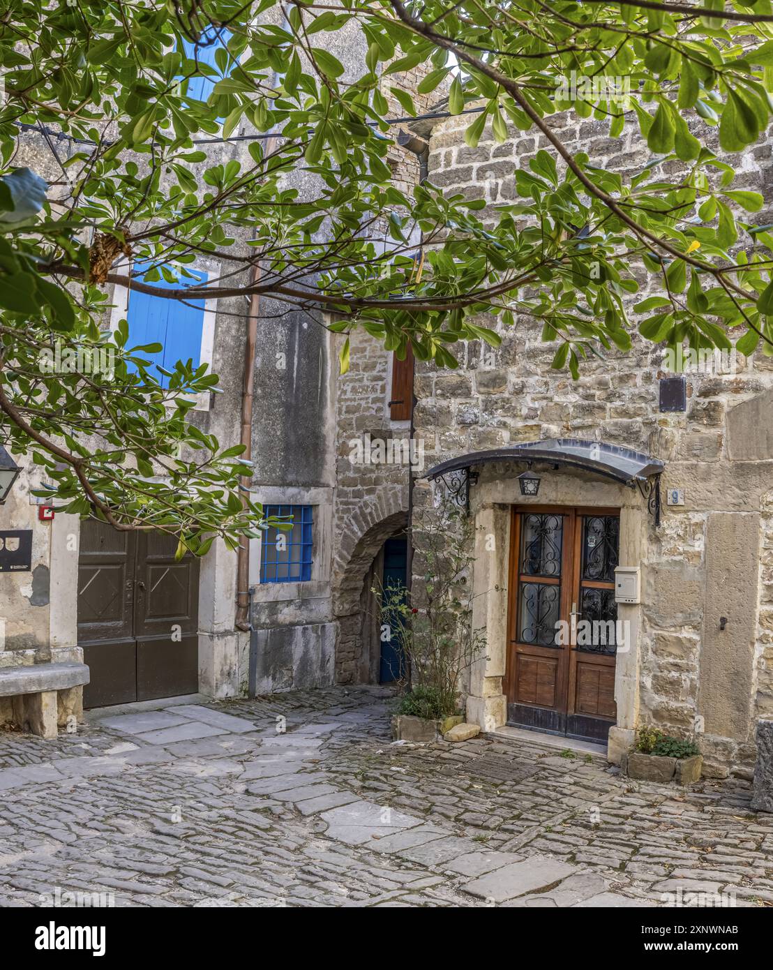 A cobblestone alleyway with a wooden door and window shutters in a bold ...