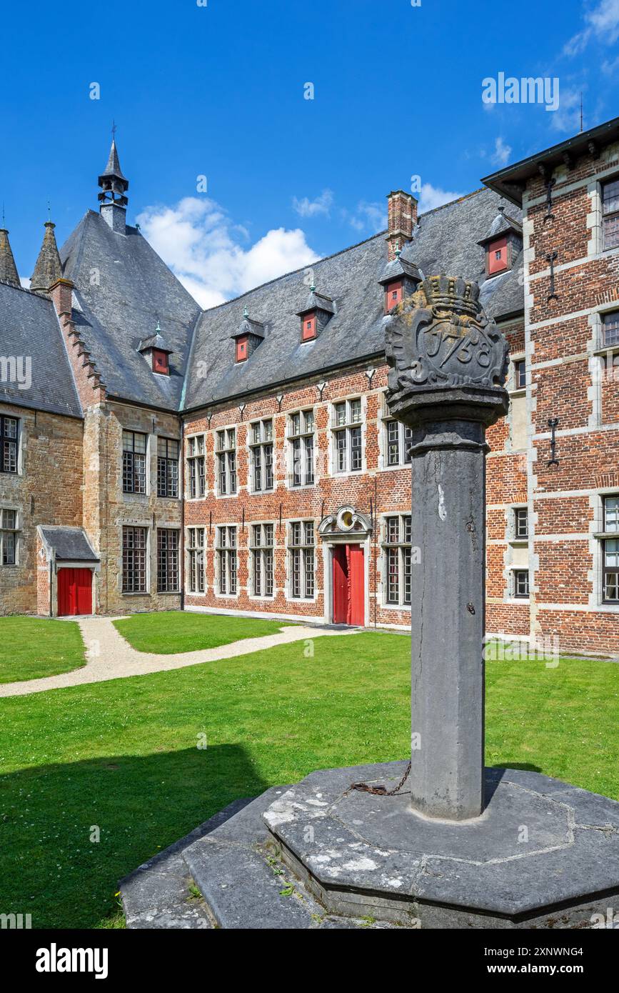 1758 pillory in courtyard at Kasteel van Laarne, 14th century medieval ...