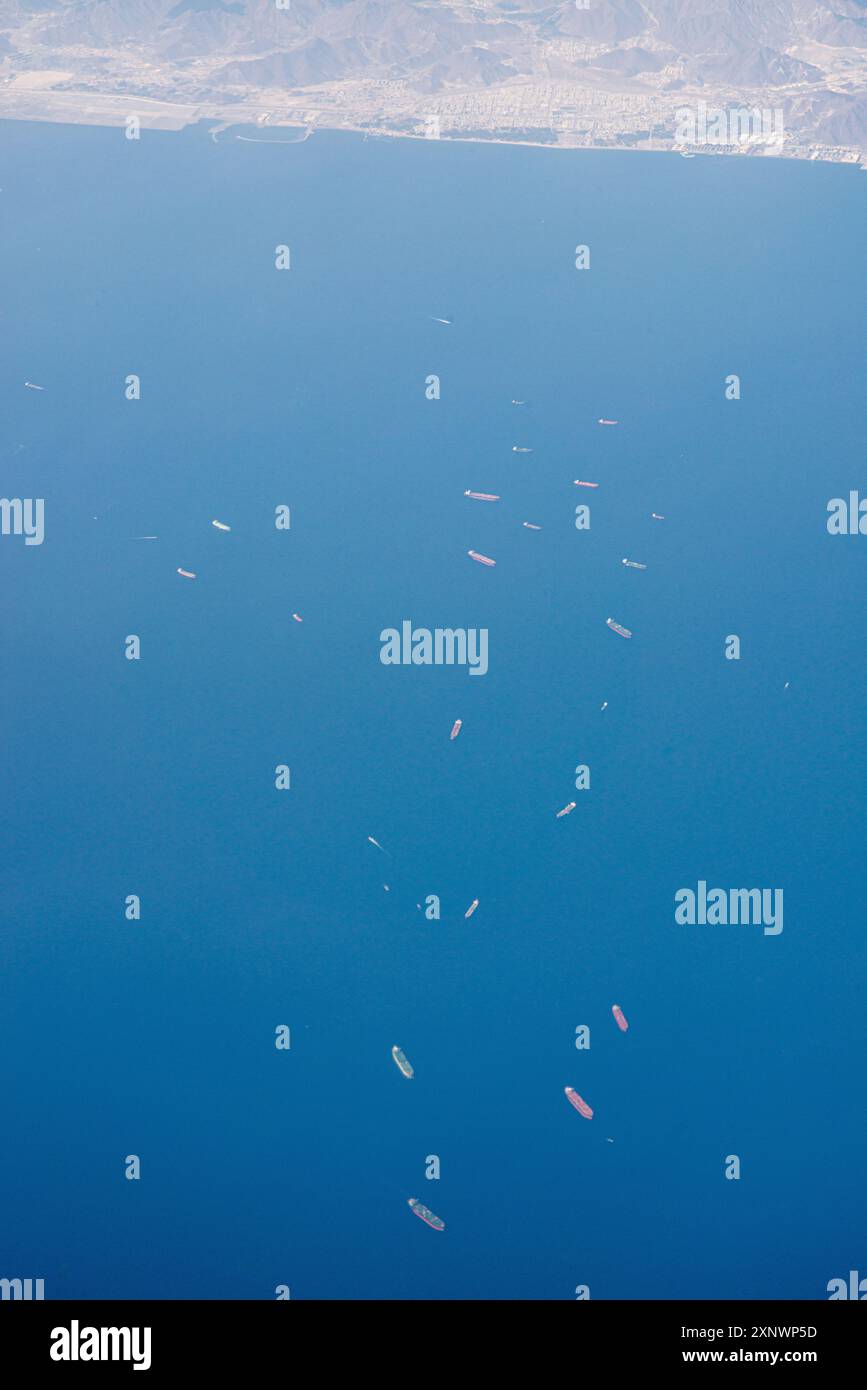 Aerial photograph capturing oil tankers anchored in the Gulf of Oman ...