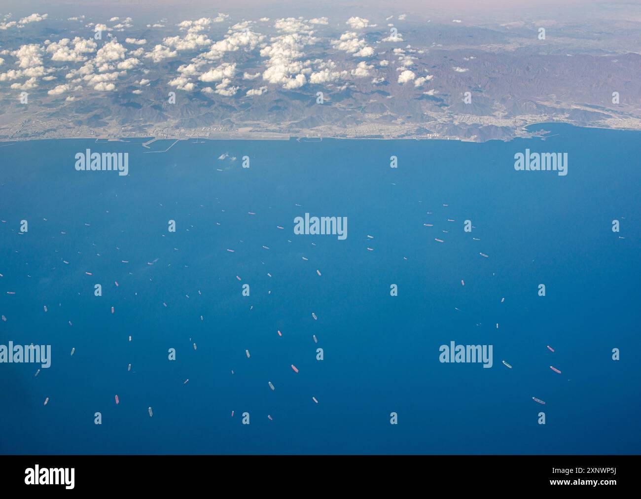 Aerial photograph showing numerous oil tankers anchored in the Gulf of ...