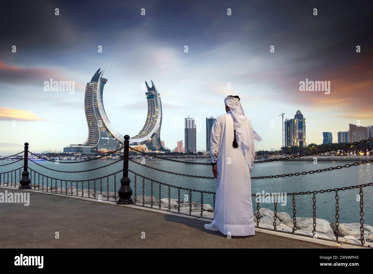 Katara buildings view from Lusail Marina Park. Crescent Tower Stock ...