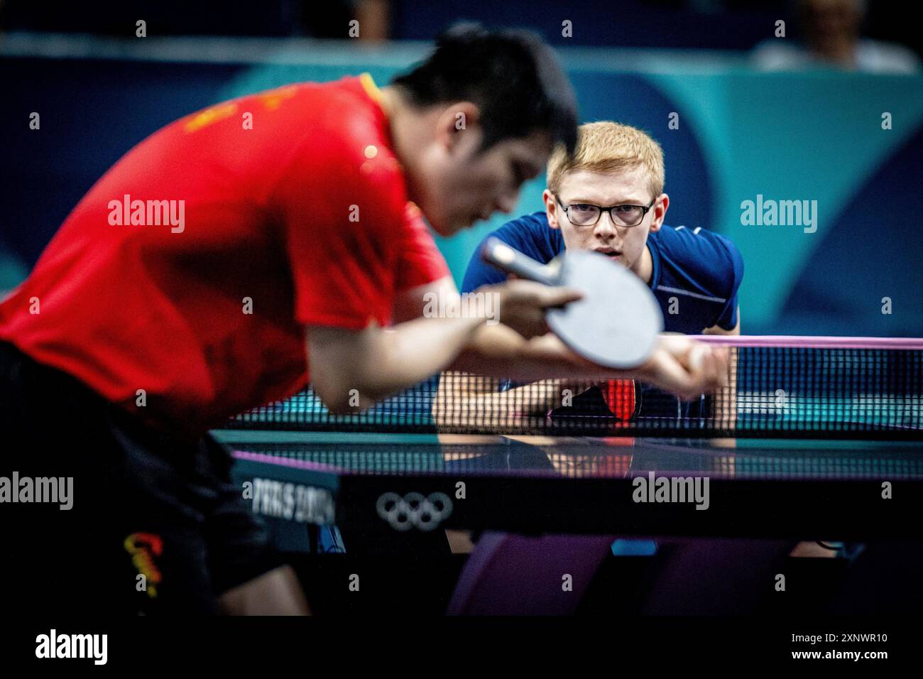 Felix Lebrun (FRA) gegen Fan Zhendong (CHN) im Halbfinale FRA ...