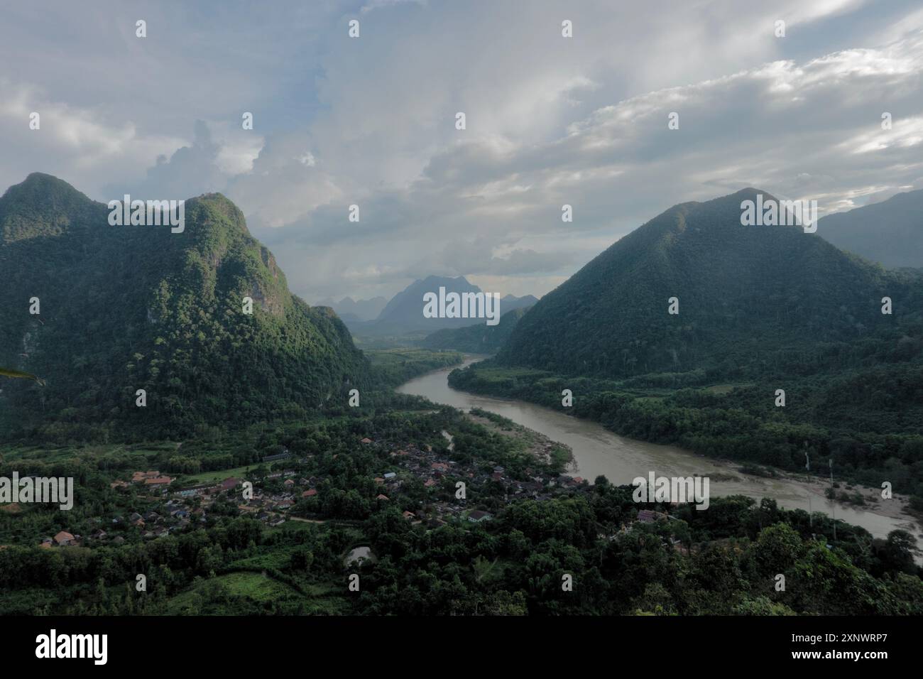 View of the Nam Ou River and limestone peaks, Muang Ngoi Neua, Muang ...