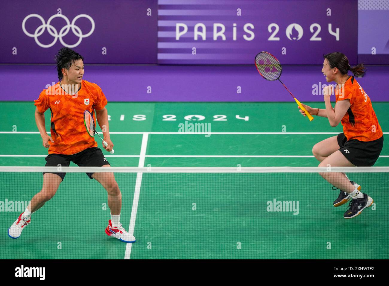 Japan's Yuta Watanabe, left, and Arisa Higashino celebrate the winning ...