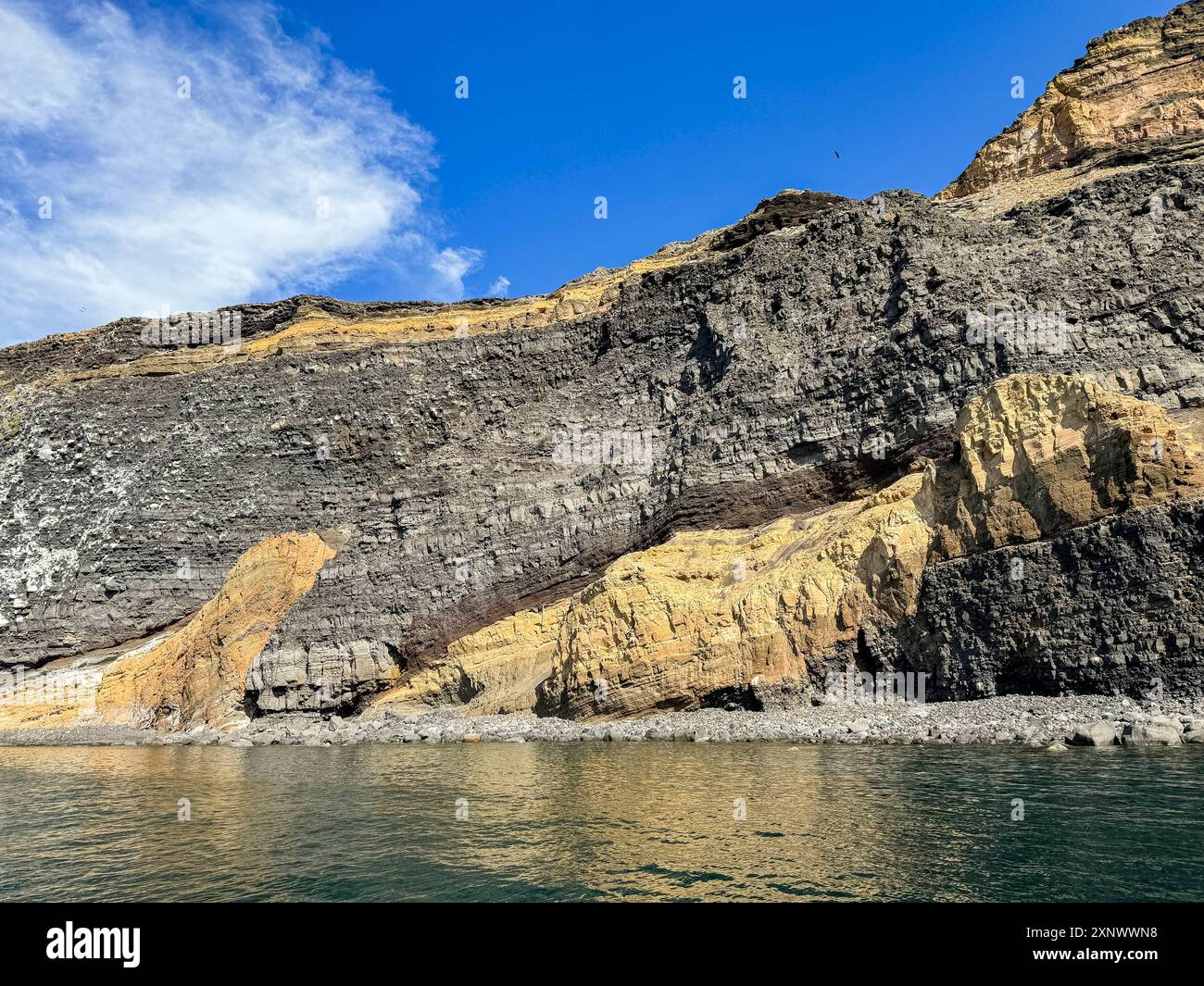 Layers of lava flows and tuff from the dormant volcano on Isla Tortuga, Baja California, Sea of ...